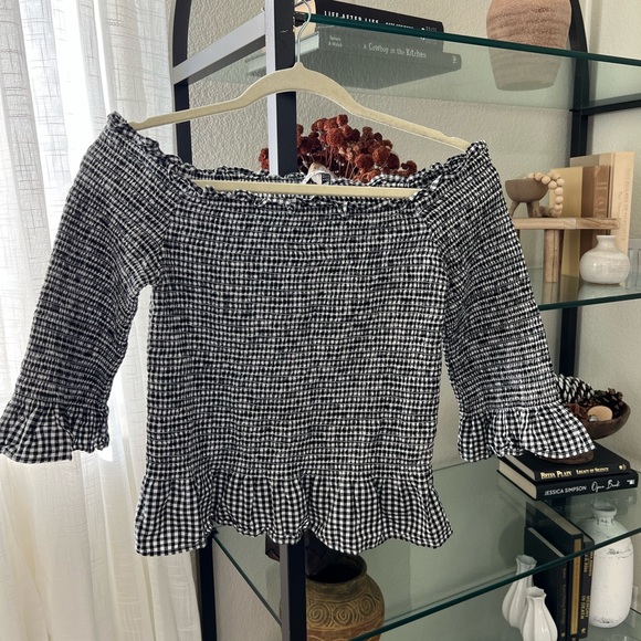 Dex | Tops | Dex Buffalo Check Black White Off The Shoulder Smocked Top ...